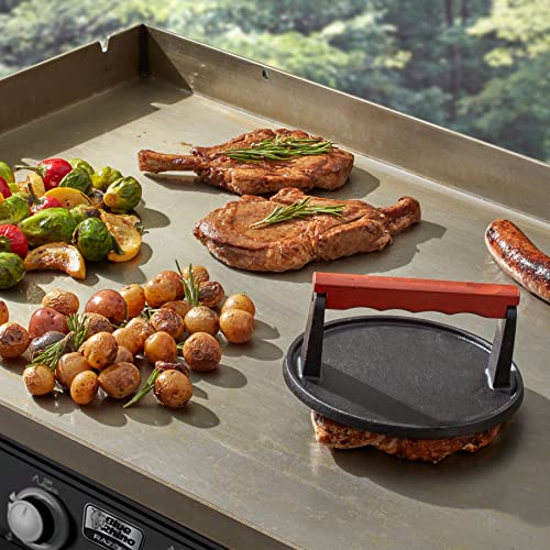 Mr. Bar-B-Q 06681Y Cast Iron Grill Press | Pre-Seasoned Base & Hardwood Handle Burger Press | Cooks Food Evenly | Ridges on Bottom | Keeps Food in Contact with Grill Surface | 7 Inch Cast Iron Press