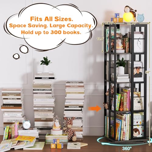 Aheaplus Rotating Bookshelf, Corner Bookshelf, 360 Display Wood Spinning Bookshelf, Floor Standing Bookcase Narrow Shelf Revolving Organizer Storage Rack for Small Space, Bedroom, Study Room, Grey Oak
