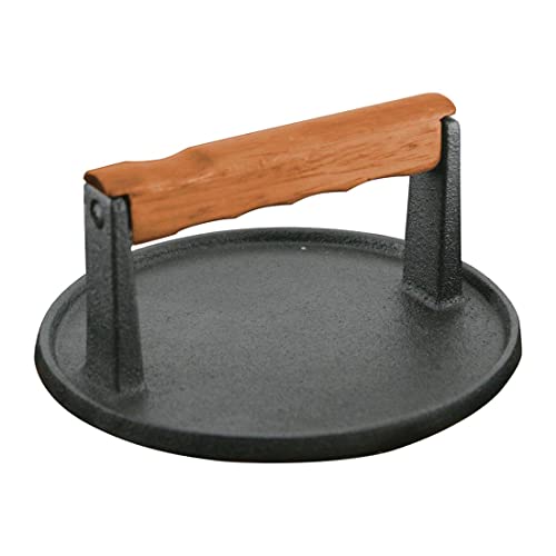 Mr. Bar-B-Q 06681Y Cast Iron Grill Press | Pre-Seasoned Base & Hardwood Handle Burger Press | Cooks Food Evenly | Ridges on Bottom | Keeps Food in Contact with Grill Surface | 7 Inch Cast Iron Press