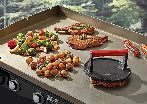 Mr. Bar-B-Q 06681Y Cast Iron Grill Press | Pre-Seasoned Base & Hardwood Handle Burger Press | Cooks Food Evenly | Ridges on Bottom | Keeps Food in Contact with Grill Surface | 7 Inch Cast Iron Press