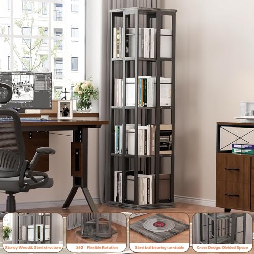 Aheaplus Rotating Bookshelf, Corner Bookshelf, 360 Display Wood Spinning Bookshelf, Floor Standing Bookcase Narrow Shelf Revolving Organizer Storage Rack for Small Space, Bedroom, Study Room, Grey Oak