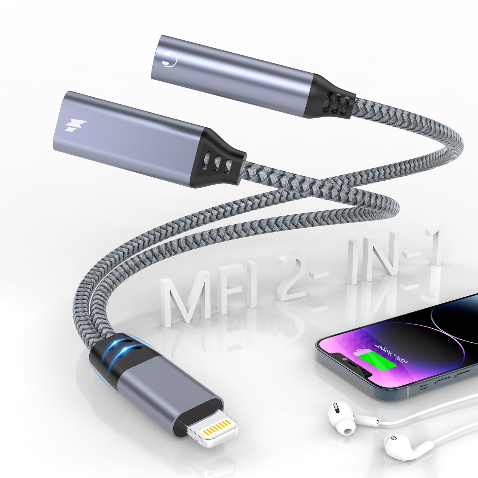 Opluz 2-in-1 Lightning to 3.5mm Headphone and Charger Adapter for iPhone, iPad, and Other Apple Devices