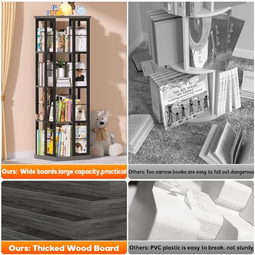Aheaplus Rotating Bookshelf, Corner Bookshelf, 360 Display Wood Spinning Bookshelf, Floor Standing Bookcase Narrow Shelf Revolving Organizer Storage Rack for Small Space, Bedroom, Study Room, Grey Oak