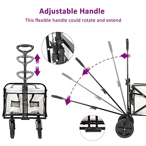 DYD Extended Folding Utility Wagon, 330LBS Heavy Loaded Collapsible Garden Cart with Anti-Slip Wheels, Adjustable Handle and Side Pockets, Large, White, Picnic, Beach, Camping, X-Large