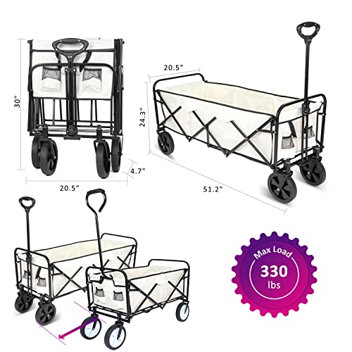 DYD Extended Folding Utility Wagon, 330LBS Heavy Loaded Collapsible Garden Cart with Anti-Slip Wheels, Adjustable Handle and Side Pockets, Large, White, Picnic, Beach, Camping, X-Large