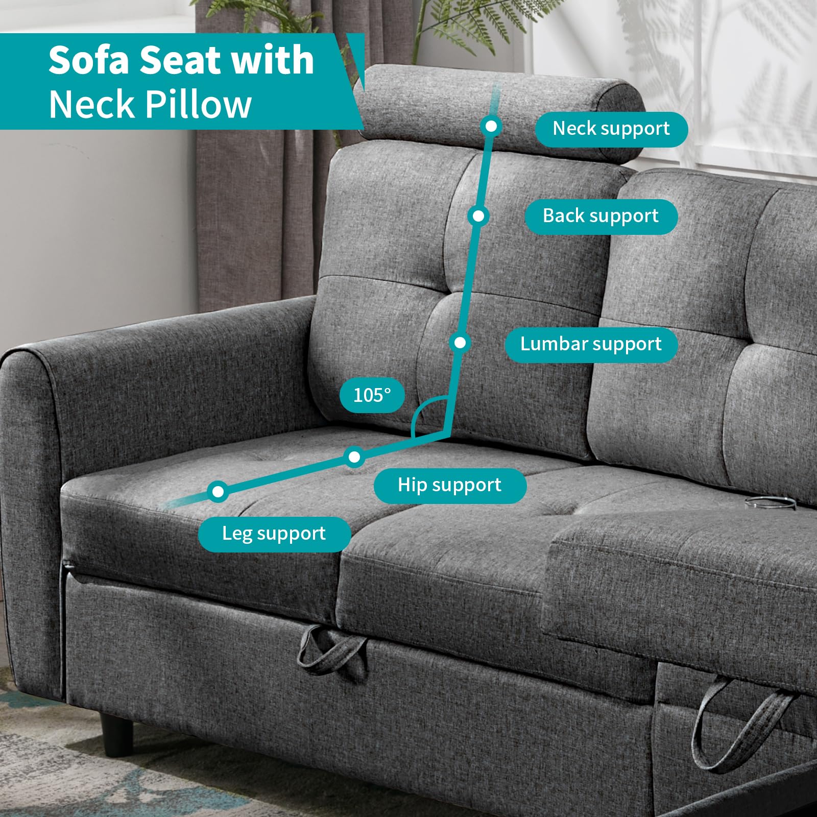 BALUS 88" W Reversible Living Room Sofa, Convertible L-Shaped Combination Sofa with Upholstery, Recliner with Storage, Modern Combination Sofa, belfin Combination Combination Sofa (Dark Grey)