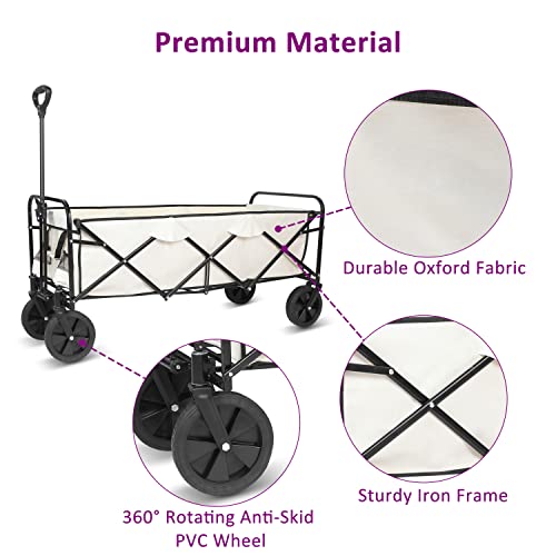 DYD Extended Folding Utility Wagon, 330LBS Heavy Loaded Collapsible Garden Cart with Anti-Slip Wheels, Adjustable Handle and Side Pockets, Large, White, Picnic, Beach, Camping, X-Large