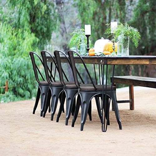 JUMMICO Metal Dining Chair Stackable Industrial Vintage Kitchen Chairs Indoor-Outdoor Bistro Cafe Side Chairs with Back and Wooden Seat Set of 4 (Black)