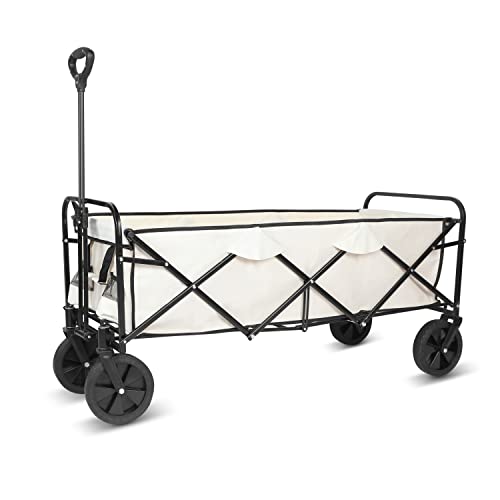 DYD Extended Folding Utility Wagon, 330LBS Heavy Loaded Collapsible Garden Cart with Anti-Slip Wheels, Adjustable Handle and Side Pockets, Large, White, Picnic, Beach, Camping, X-Large