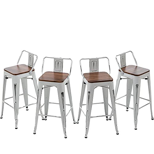 Andeworld Bar Stools Set of 4 Counter Height Stools Industrial Metal Barstools with Wooden Seats(24 Inch, Distressed White)