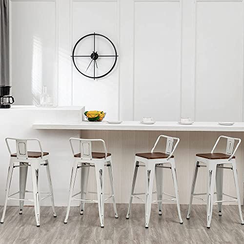 Andeworld Bar Stools Set of 4 Counter Height Stools Industrial Metal Barstools with Wooden Seats(24 Inch, Distressed White)