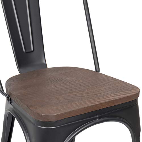 JUMMICO Metal Dining Chair Stackable Industrial Vintage Kitchen Chairs Indoor-Outdoor Bistro Cafe Side Chairs with Back and Wooden Seat Set of 4 (Black)