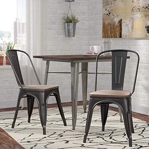 JUMMICO Metal Dining Chair Stackable Industrial Vintage Kitchen Chairs Indoor-Outdoor Bistro Cafe Side Chairs with Back and Wooden Seat Set of 4 (Black)
