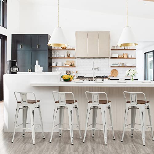Andeworld Bar Stools Set of 4 Counter Height Stools Industrial Metal Barstools with Wooden Seats(24 Inch, Distressed White)