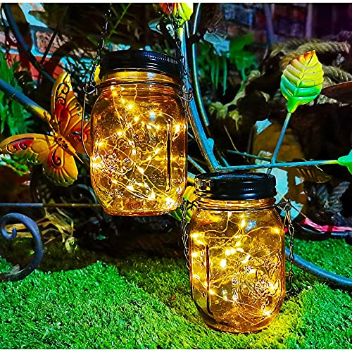 Outdoor Solar Lanterns,Hanging Lights Outdoor,Garden Decorations Patio Decorations Solar Powered Waterproof 30 LED Glass Jar Lights for Party, Courtyard, Patio,Tabletop Decorations (2Pack)