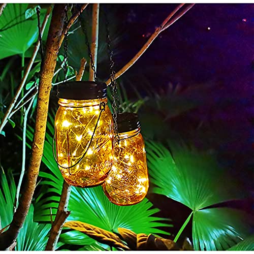Outdoor Solar Lanterns,Hanging Lights Outdoor,Garden Decorations Patio Decorations Solar Powered Waterproof 30 LED Glass Jar Lights for Party, Courtyard, Patio,Tabletop Decorations (2Pack)
