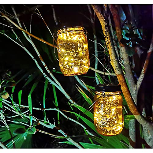 Outdoor Solar Lanterns,Hanging Lights Outdoor,Garden Decorations Patio Decorations Solar Powered Waterproof 30 LED Glass Jar Lights for Party, Courtyard, Patio,Tabletop Decorations (2Pack)
