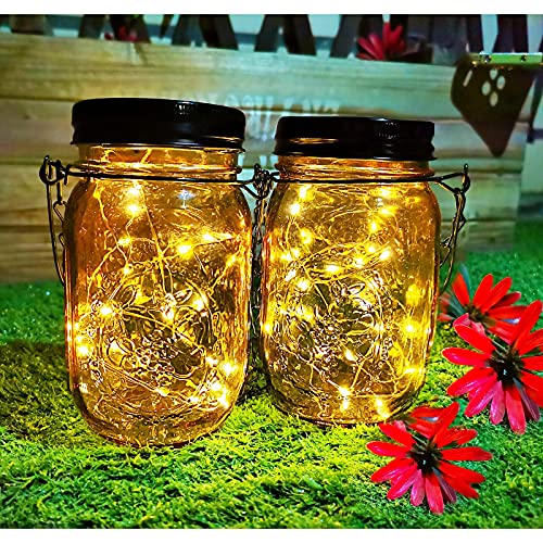 Outdoor Solar Lanterns,Hanging Lights Outdoor,Garden Decorations Patio Decorations Solar Powered Waterproof 30 LED Glass Jar Lights for Party, Courtyard, Patio,Tabletop Decorations (2Pack)