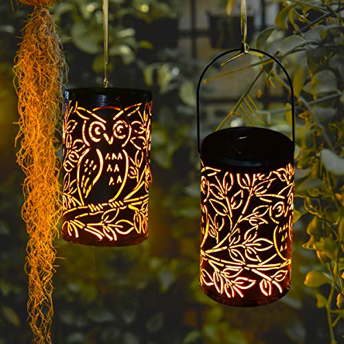 Shengming 2 Pack Hanging Solar Metal LED Lanterns Owl Design Retro Solar Lights with Handle, Outdoor Solar Garden Lights Decor for Yard Tree Fence Patio 20 Lumens Warm White