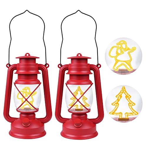 Christmas Vintage Lantern LED Outdoor Hanging Lantern Lights with Christmas Tree & Santa Claus LED Lantern Hanging Christmas Battery Powered Camping Retro Lanterns 2 Pack Gift