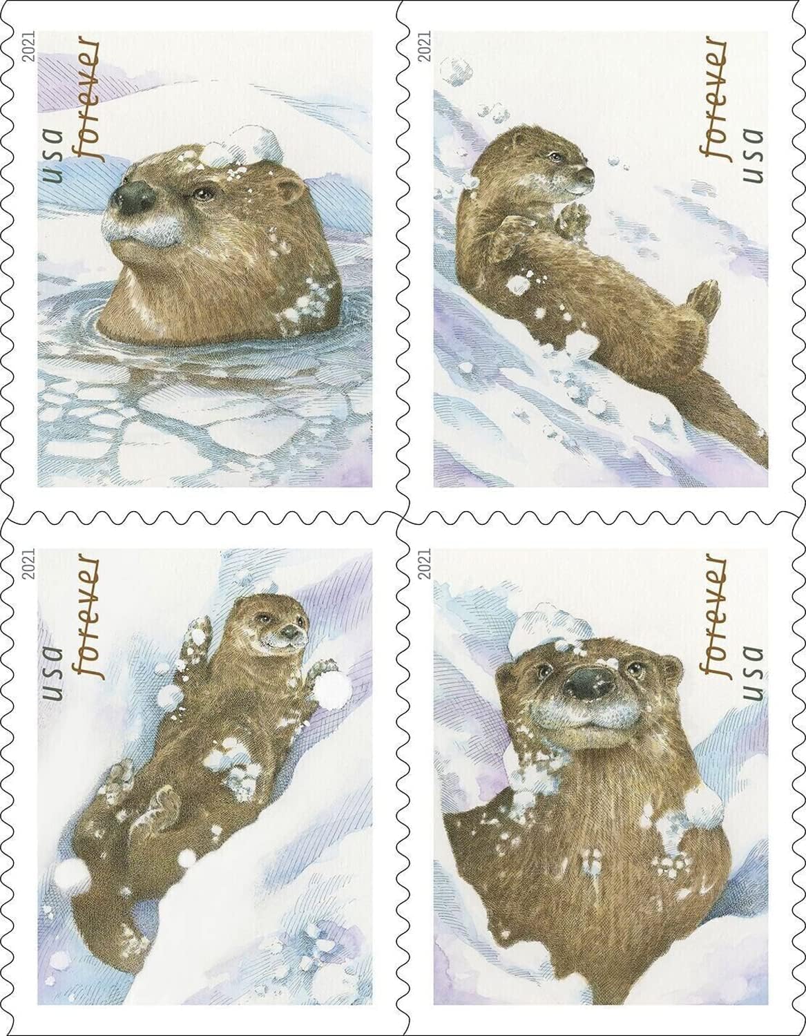 United States Postal Service Otters in Snow Postage Stamps (1 Booklet of 20 Stamps)
