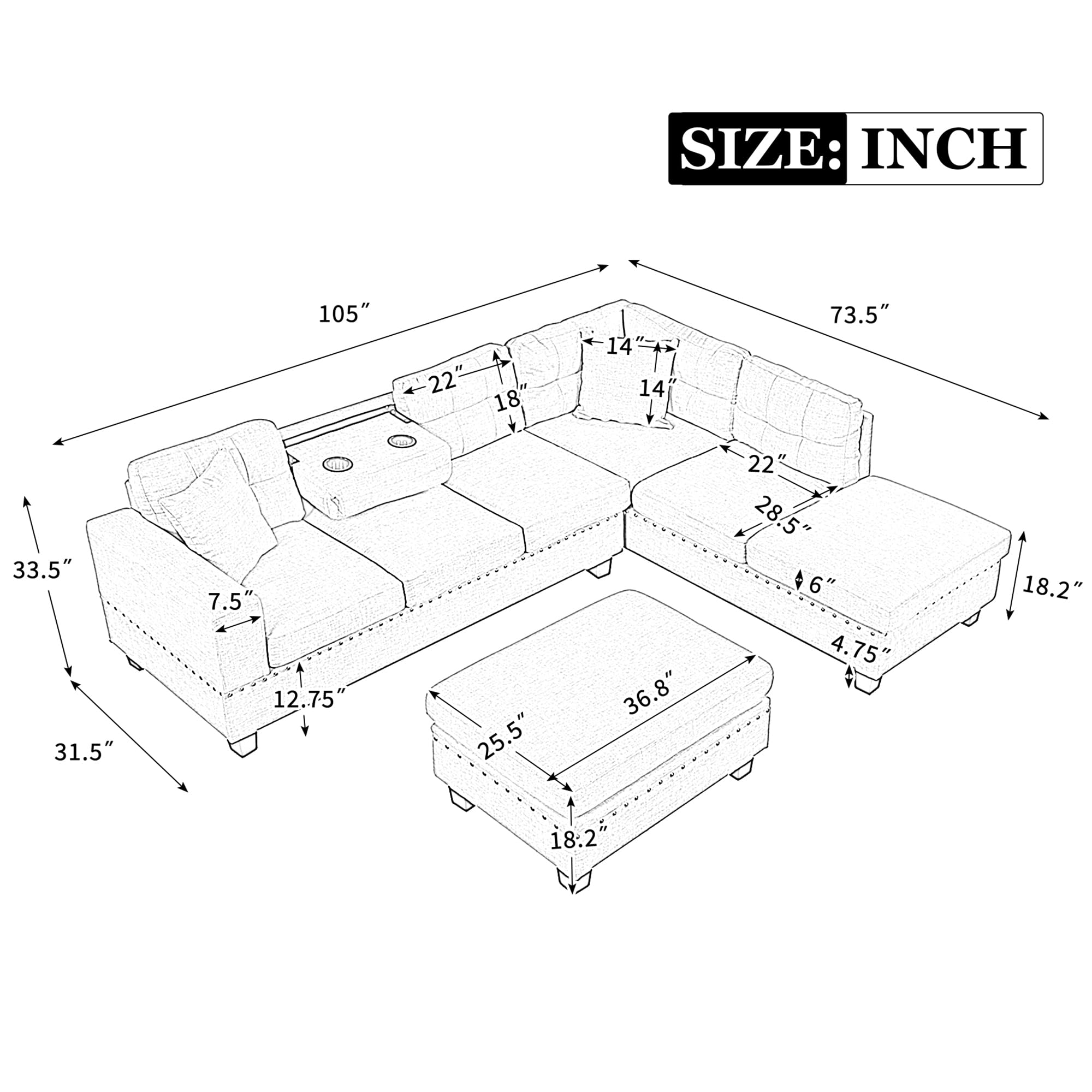 P PURLOVE Sectional Sofa with Reversible Chaise and 2 Pillows, Linen L-Shaped Sofa with Storage Ottoman and Cup Holders, Sectional Couche Living Room Furniture Sets (Light Gray)
