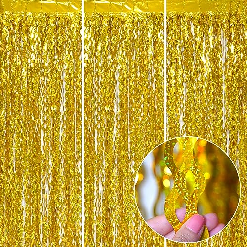Glitter Foil Gold Foil Fringe Curtains Party Decorations ďźBirthday Party Wedding and Festival Decorationsďź Girl Princess Bachelorette Euphoria Theme Party Decorations - 3 Packs (Golden Yellow)