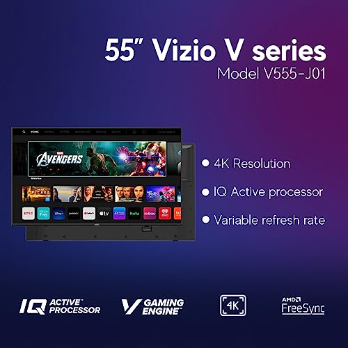 VIZIO 55-Inch Class V-Series LED 4K UHD Smart TV, Dolby Vision, HDR10+, Smartcast, Apple Airplay 2 & Chromecast Built-in + Free Wall Mount (No Stands) - V555-J01 (Renewed)