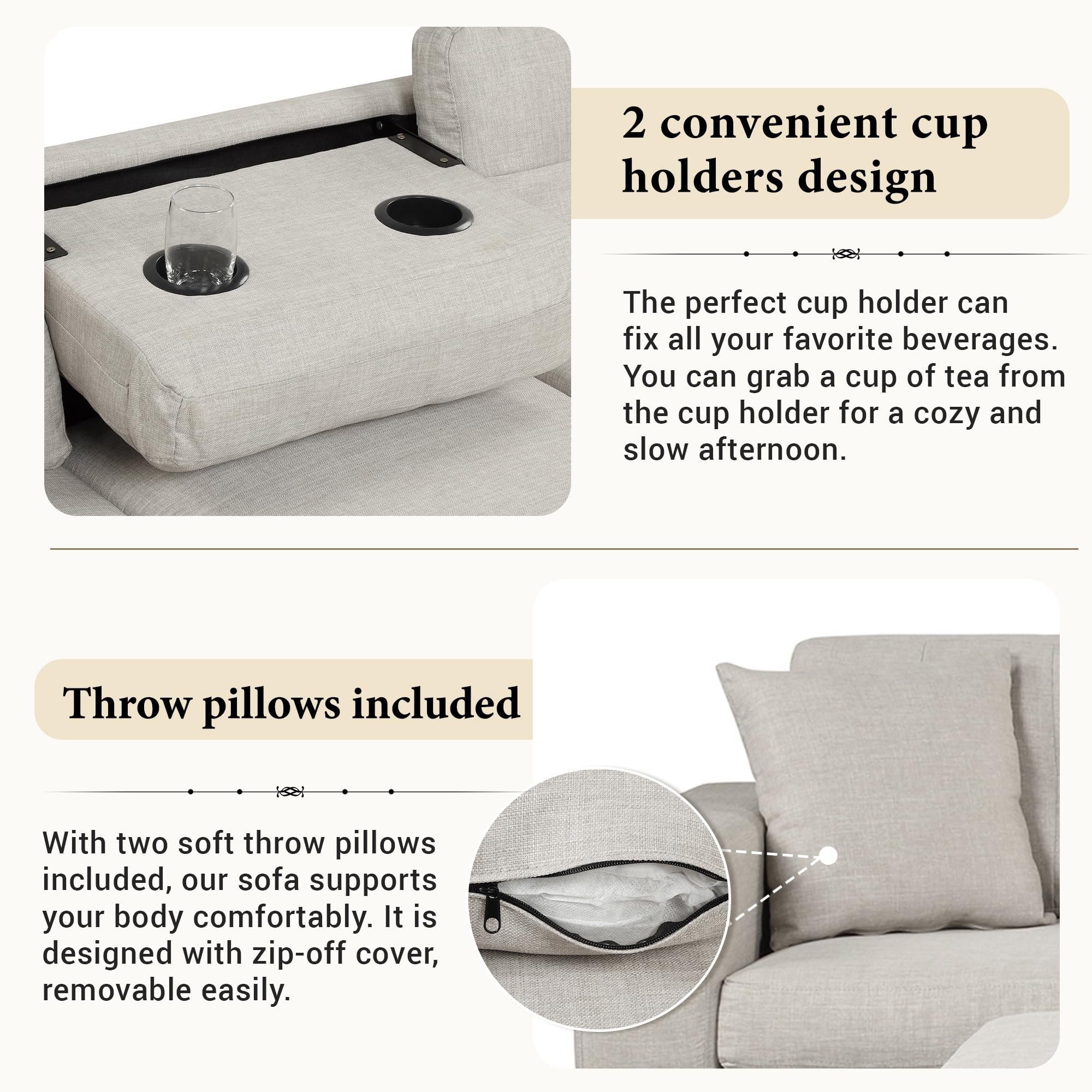 P PURLOVE Sectional Sofa with Reversible Chaise and 2 Pillows, Linen L-Shaped Sofa with Storage Ottoman and Cup Holders, Sectional Couche Living Room Furniture Sets (Light Gray)