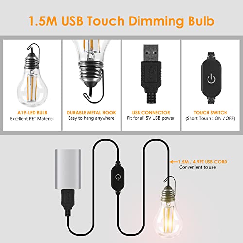 USB Camping Bulb Touch Switch Non Dimmable 3W 400lm Warm White LED Lantern for Fishing Boat Car Truck Camping, A19 Outdoor Portable LED Bulb, Emergency Light, Kids Bed Light, Night Light - 2 Pack