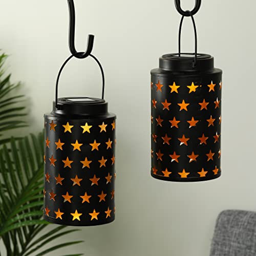 JHY DESIGN 2 Pack Solar Lantern Lights Outdoor Solar Powered Table Lamp Lights Hanging Garden Lamp Metal Lantern with Handle for Patio Garden Outdoor Walkway Yard Landscape Park Lawn(Hollow Stars)