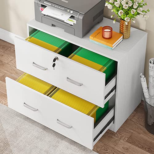 LITTLE TREE Lateral File Cabinet with 2 Drawers, 31.5 Inches Large Filing Cabinet for Hanging Letter/Legal/F4/A4 Size Files with Lock, Home Office, White
