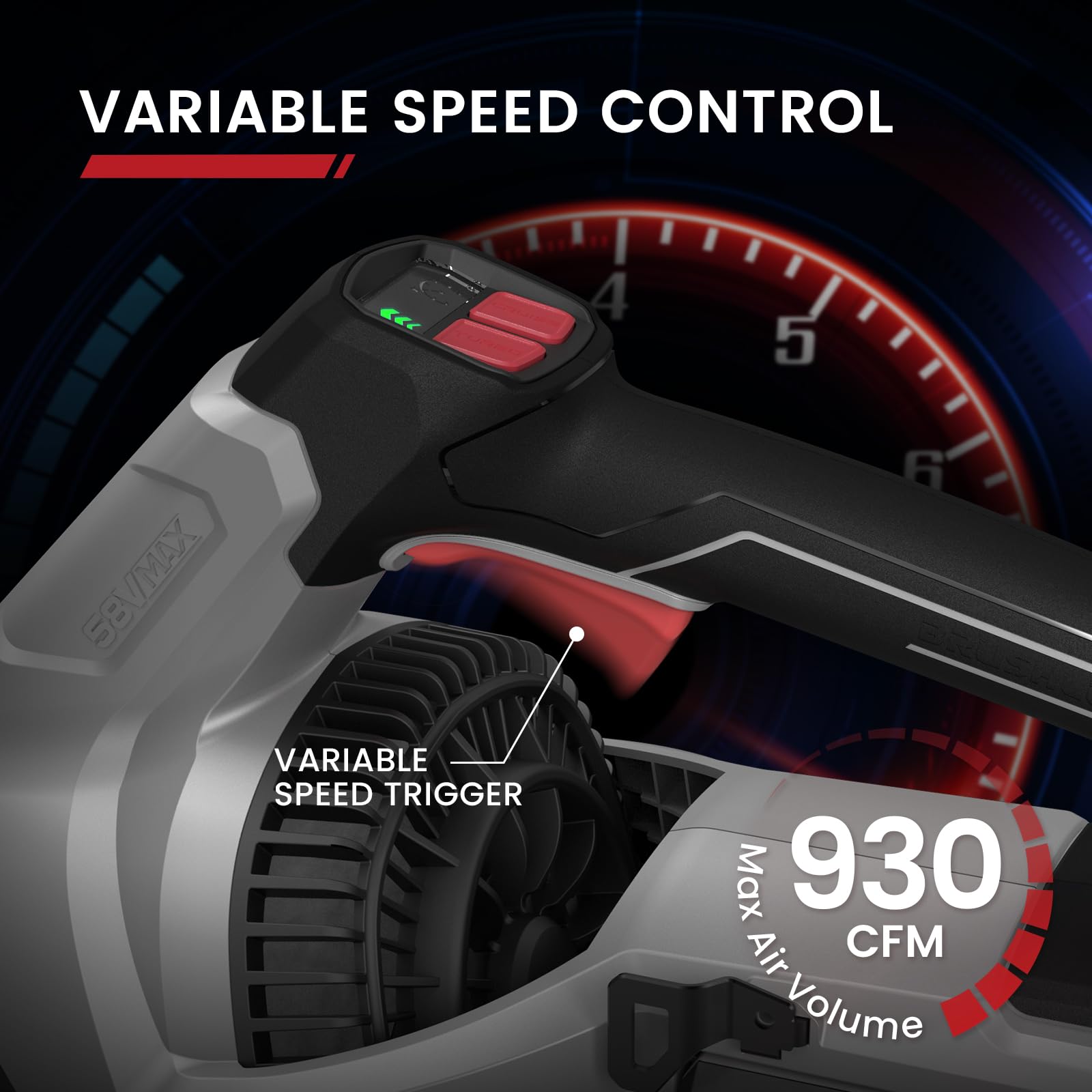 Leaf Blower Cordless, Enhulk 58V Powerful Blower, 930 CFM Max. Brushless Motor, Cruise Control, Turbo Variable-Speeds, CoolBlast Tech, 3 Nozzels, 5.0AH Battery and Charger Included