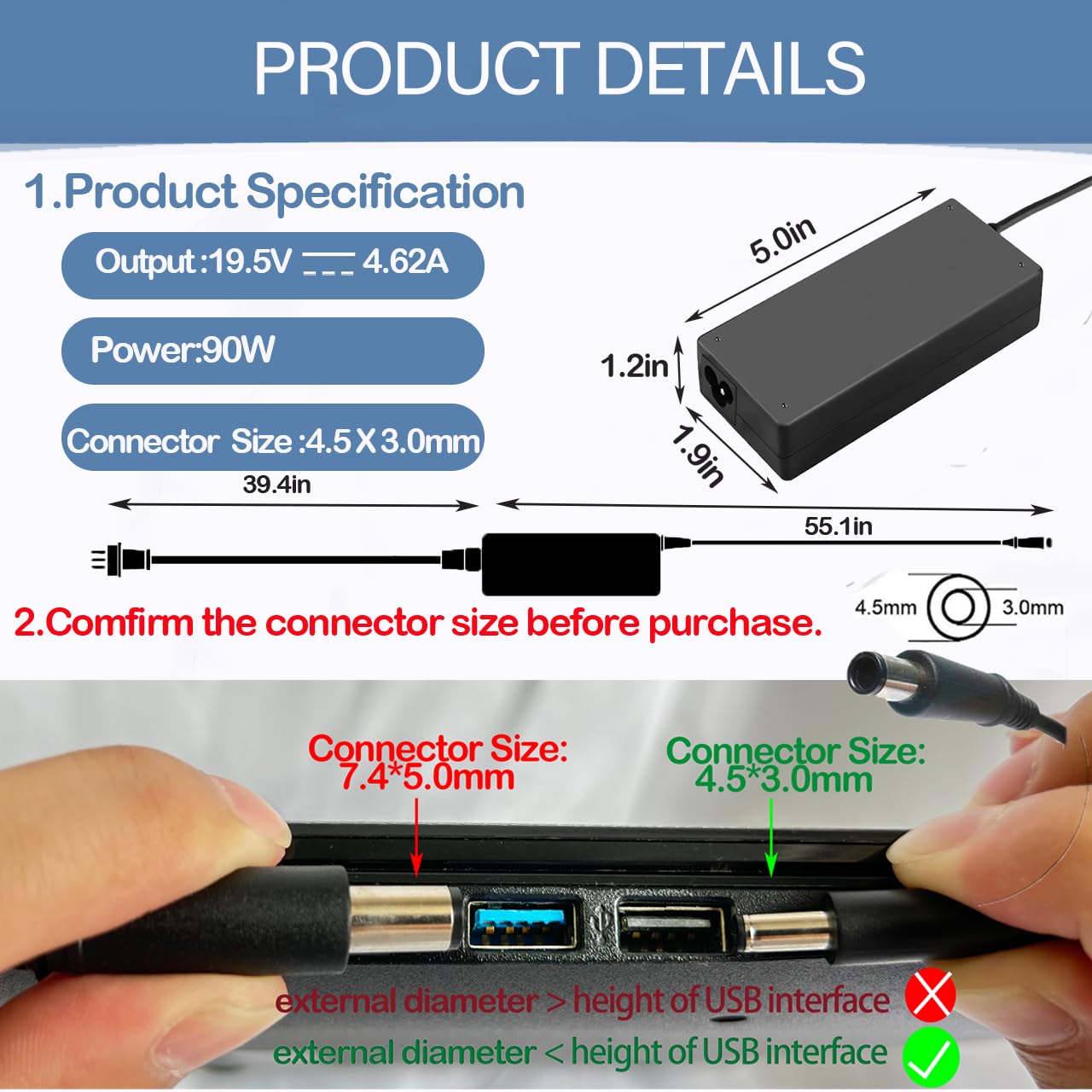 90W AC Adapter for Dell OptiPlex Micro 3050 3080 7050 7060 9020 Desktop 11 15 3000 5000 7000 Series Laptop Charger 3501 3505 5555 Latitude 13 3310 3420 Replacement Power Supply Cord 0G6j41