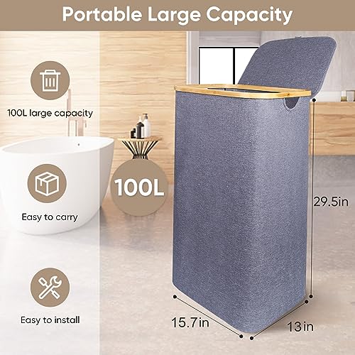 Laundry Hamper with Lid, 100L Large Hampers for Laundry with Handles, Foldable Laundry Basket with Removable Bags, Freestanding Laundry Hamper for Bedroom and Bathroom