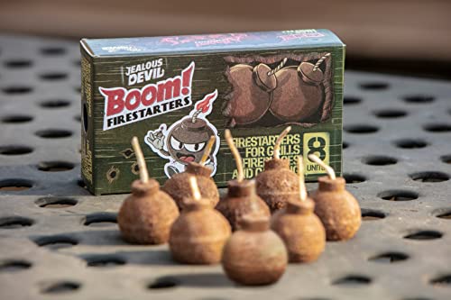 Jealous Devil Boom! Firestarters 8 Pack, 100% Natural Made from Coconut Fiber, No Smoke and Odorless, Waterproof, 20-Minute Long Burn for BBQ Lump Charcoal, Briquettes, Fireplace, Camping and More