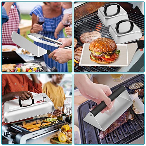 Leonyo Griddle Accessories Set of 27, Heavy Duty Stainless Steel Grill Griddle Metal Spatulas for Cast Iron Flat Top, Burger Press, Rectangular Basting Cover, 2 Square Melting Domes, 2 Carry Bags