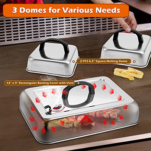 Leonyo Griddle Accessories Set of 27, Heavy Duty Stainless Steel Grill Griddle Metal Spatulas for Cast Iron Flat Top, Burger Press, Rectangular Basting Cover, 2 Square Melting Domes, 2 Carry Bags