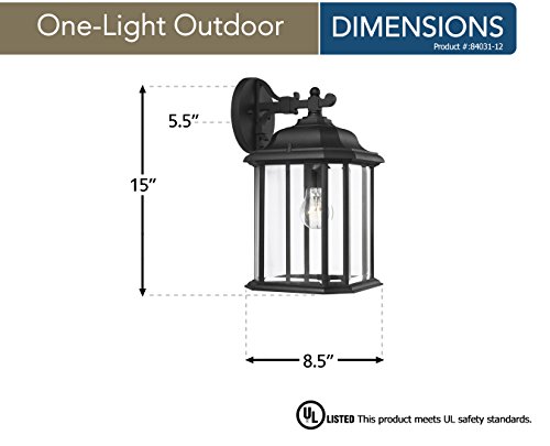 Sea Gull Lighting 84031-12 Kent One-Light Outdoor Wall Lantern with Clear Beveled Glass Panels, Black Finish
