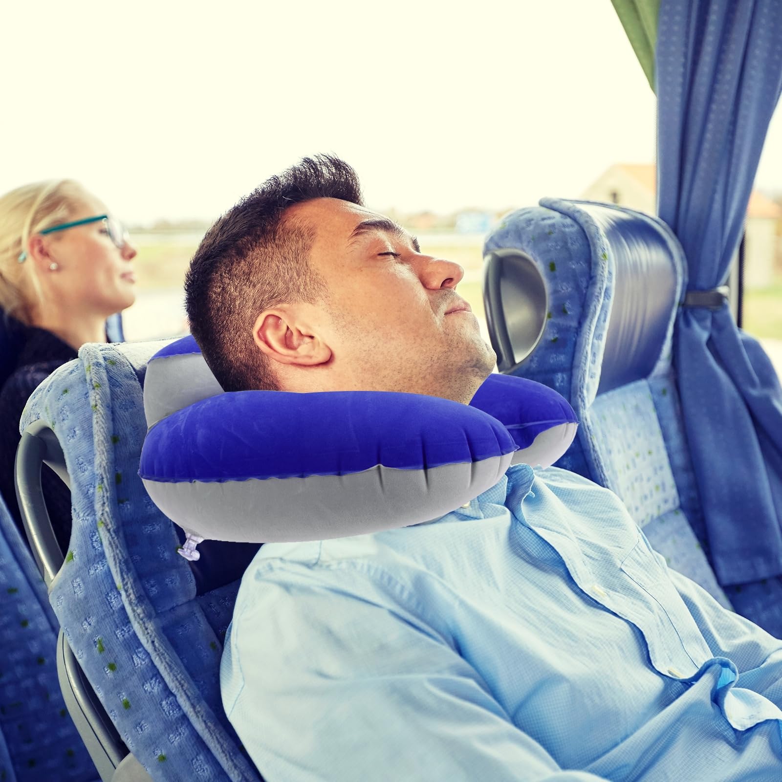 PATIKIL Neck Pillow for Sleeping Travel, 1 Set Portable Head Neck Support Inflatable Pillow Includes Storage Pouch, for Airplane Car Train Office, Blue