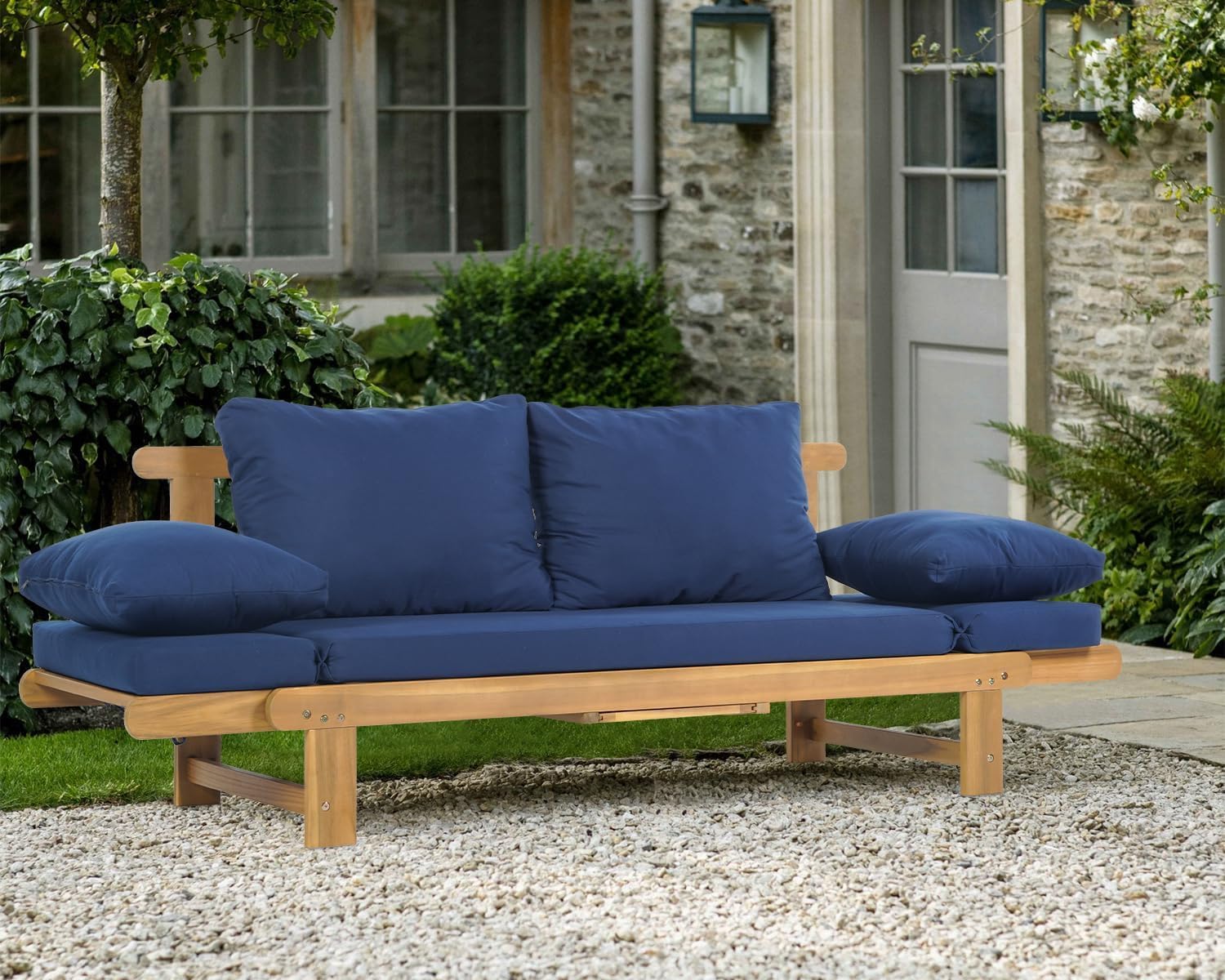 FDW Outdoor Patio Couch Daybed Sofa Loveseat Seating Outdoor Couch Daybed with Adjustable Armrest, Wooden Loveseat with Cushion and Pillow and Expandable Plate