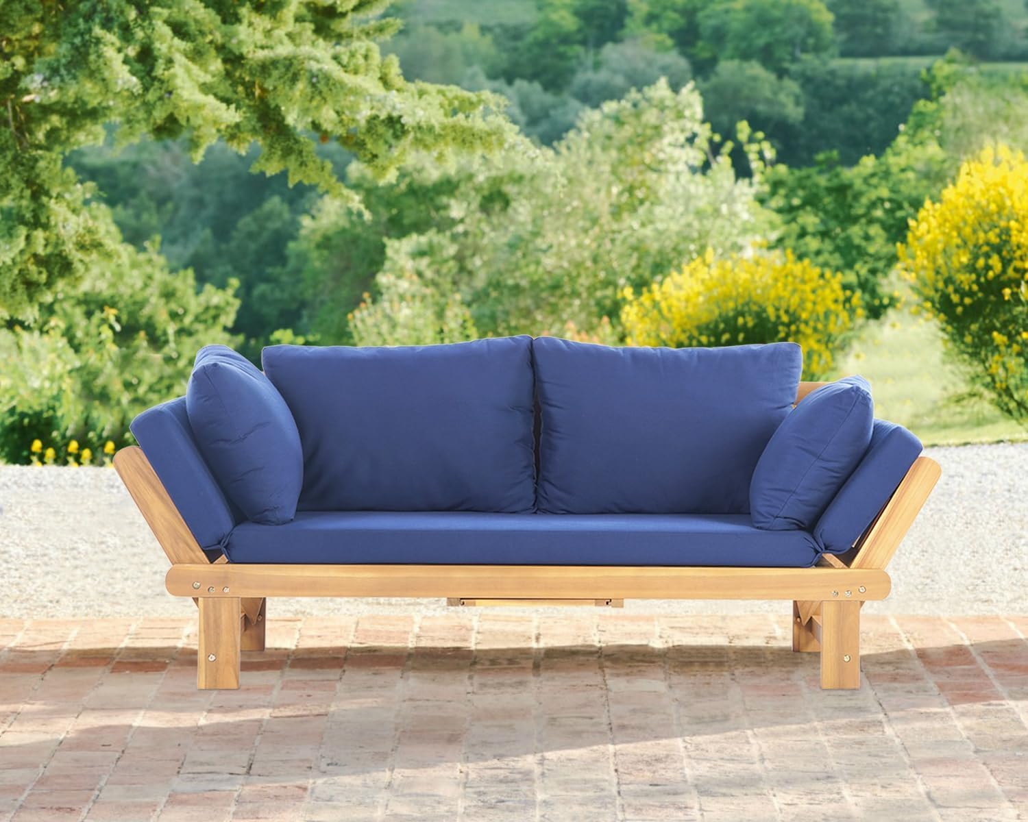 FDW Outdoor Patio Couch Daybed Sofa Loveseat Seating Outdoor Couch Daybed with Adjustable Armrest, Wooden Loveseat with Cushion and Pillow and Expandable Plate