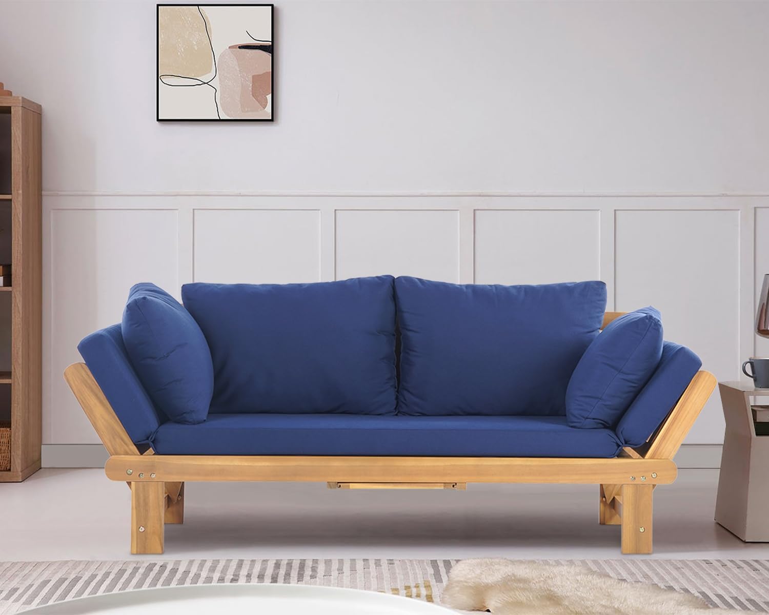 FDW Outdoor Patio Couch Daybed Sofa Loveseat Seating Outdoor Couch Daybed with Adjustable Armrest, Wooden Loveseat with Cushion and Pillow and Expandable Plate