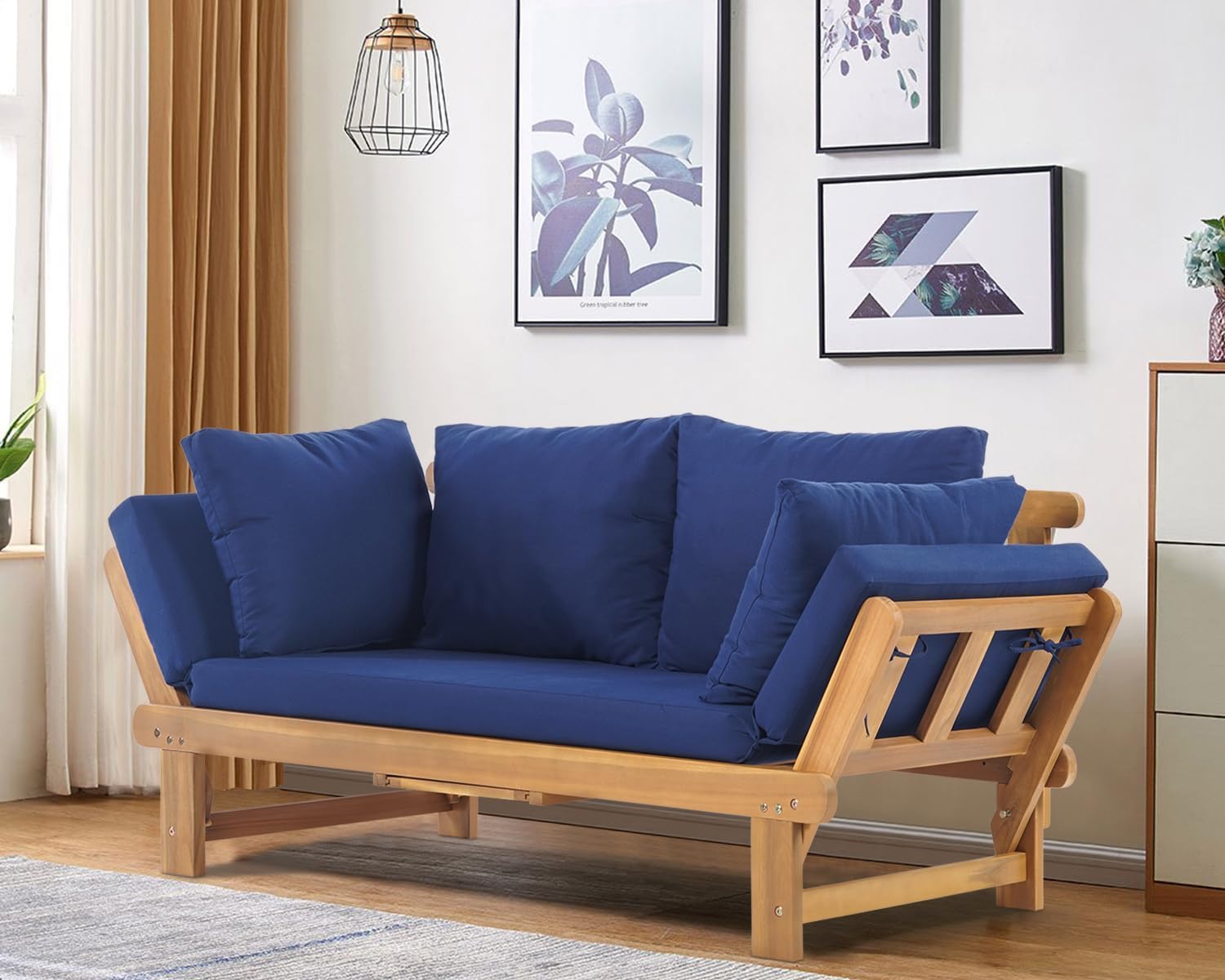 FDW Outdoor Patio Couch Daybed Sofa Loveseat Seating Outdoor Couch Daybed with Adjustable Armrest, Wooden Loveseat with Cushion and Pillow and Expandable Plate