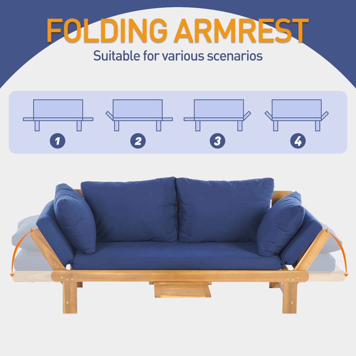 FDW Outdoor Patio Couch Daybed Sofa Loveseat Seating Outdoor Couch Daybed with Adjustable Armrest, Wooden Loveseat with Cushion and Pillow and Expandable Plate