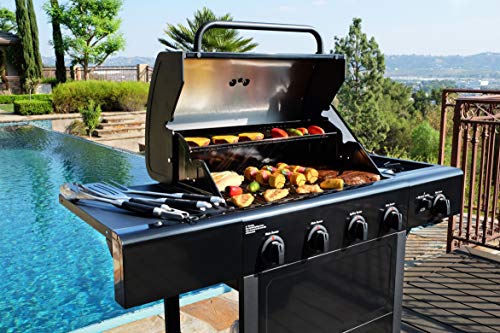 Kenmore PG-A40406S0L-1 BBQ Grill | 4-Burner Outdoor Barbecue Liquid Propane BBQ Gas Grill with Side Burner and Side Tables, 53000 BTU, Open Cart, Black