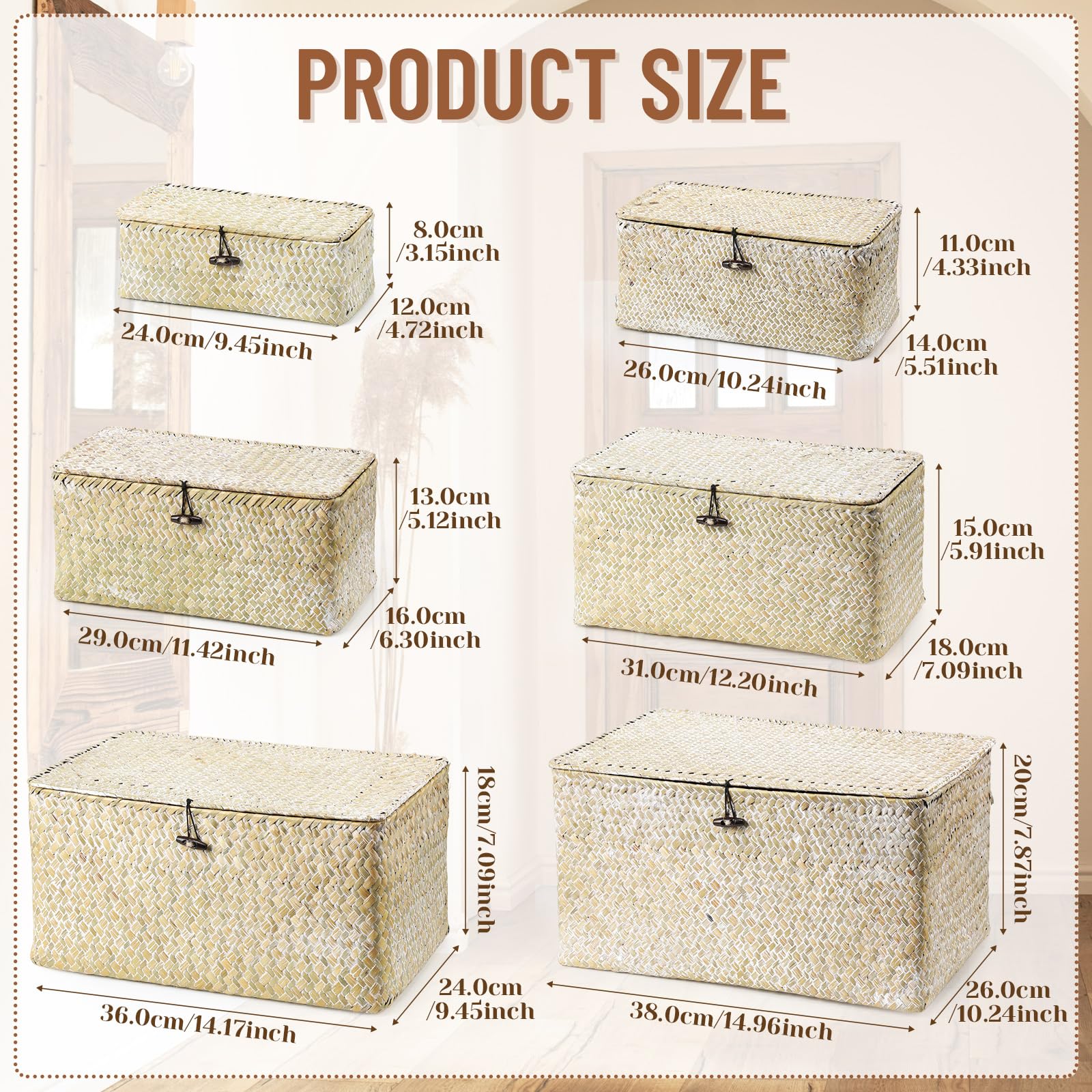 Kigley 6 Pcs Seagrass Basket with Lid Wicker Storage Decorative Boxes with Lids Bin Woven Organizer for Shelf Closet Bedroom, 6 Sizes(Classic Style,White)