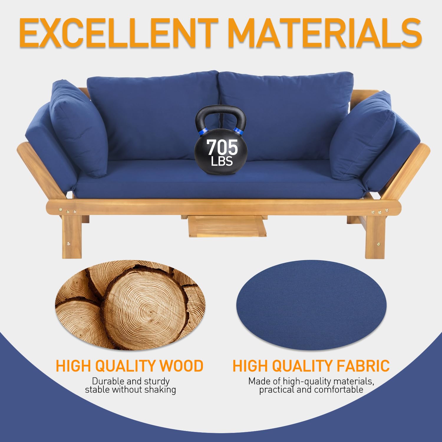 FDW Outdoor Patio Couch Daybed Sofa Loveseat Seating Outdoor Couch Daybed with Adjustable Armrest, Wooden Loveseat with Cushion and Pillow and Expandable Plate