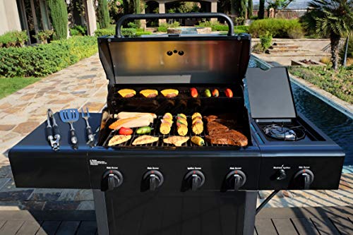 Kenmore PG-A40406S0L-1 BBQ Grill | 4-Burner Outdoor Barbecue Liquid Propane BBQ Gas Grill with Side Burner and Side Tables, 53000 BTU, Open Cart, Black