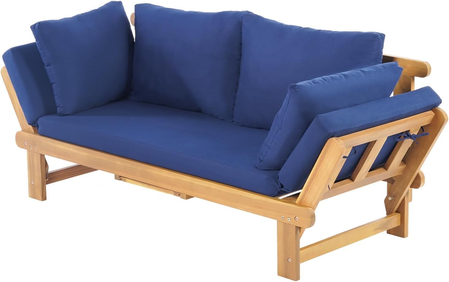 FDW Outdoor Patio Couch Daybed Sofa Loveseat Seating Outdoor Couch Daybed with Adjustable Armrest, Wooden Loveseat with Cushion and Pillow and Expandable Plate